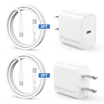 Susnwere Lot de 2 chargeurs muraux rapides pour iPhone 15/16 de 0,9 m ...