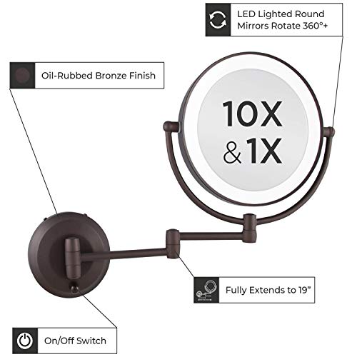 Zadro 11" LED Wall Mounted Makeup Mirror 10X/1X Shaving Mirror Cordless ...