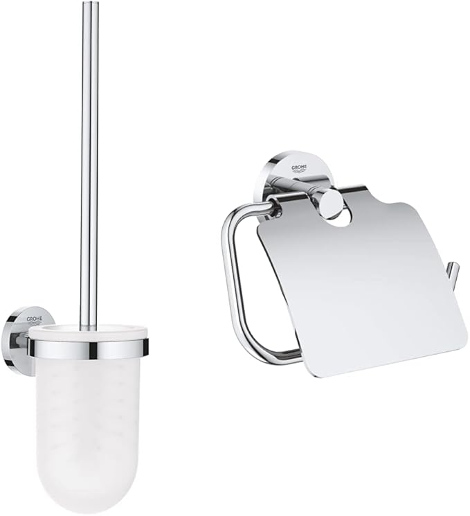 GROHE 40374001 Essentials Toilet Brush Holder Silver + GROHE 40367001 ...