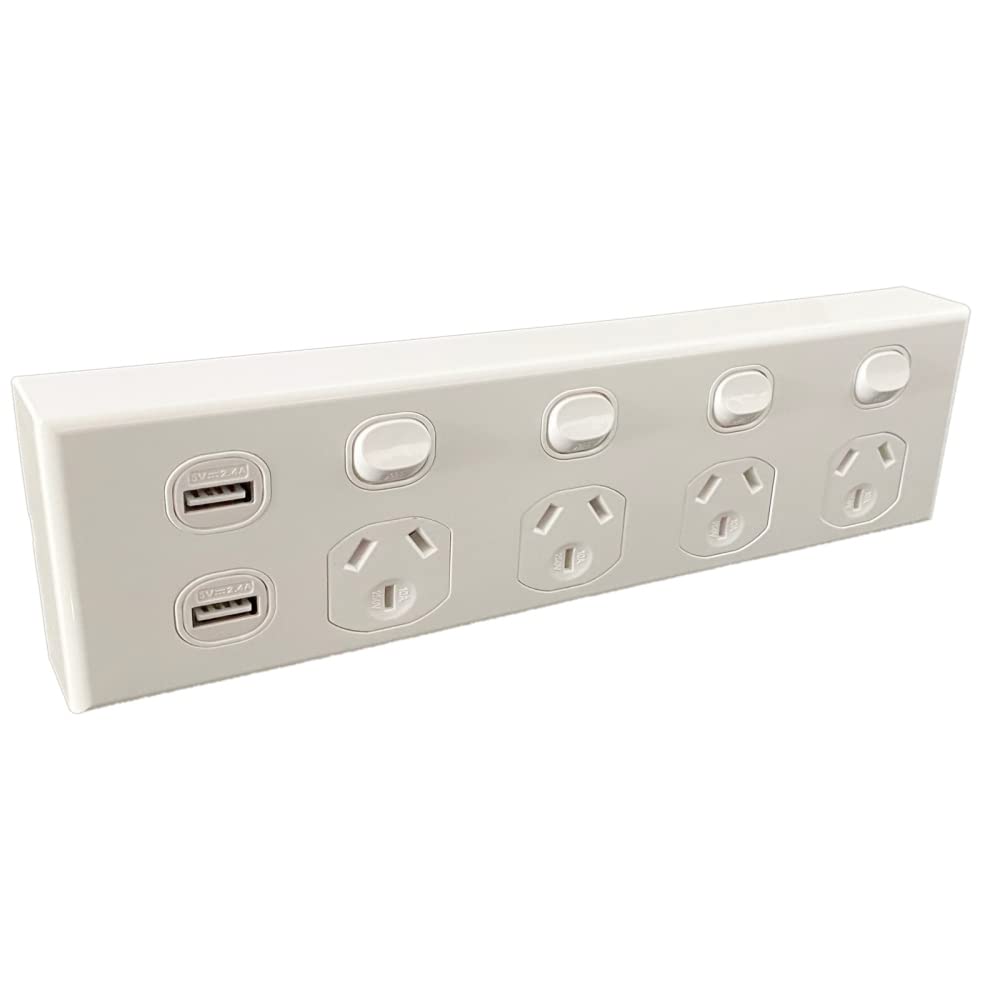 3A AU Quad Power Point 10A 250v with 2 USBs 4 Gang GPO Socket Outlet ...