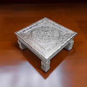 (Size : 12 X 12 Inch) Intricating Aluminium Coated Wooden Silver Pooja ...