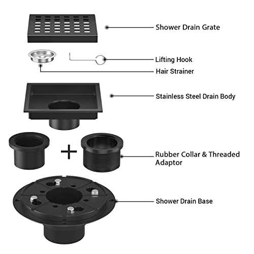 Snapklik.com : EXF Square Shower Drain 4 Inch Matte Black, Stainless ...