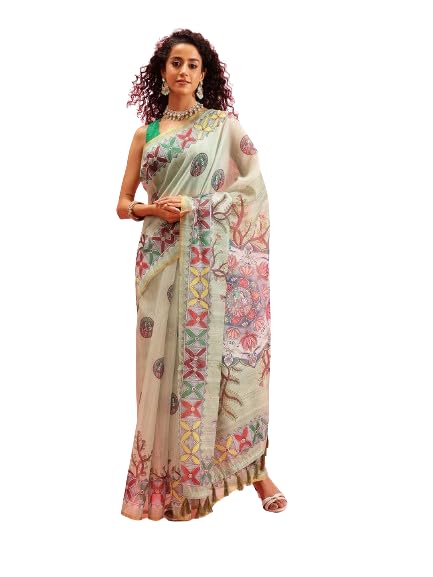 Buy Silk Zone Women's Chanderi Saree With Madhubani Radhe Krishna ...