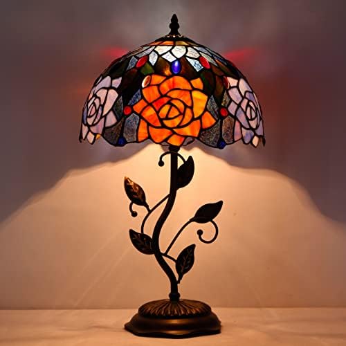 WERFACTORY Tiffany Table Lamp Red Rose Style Stained Glass Reading Desk ...