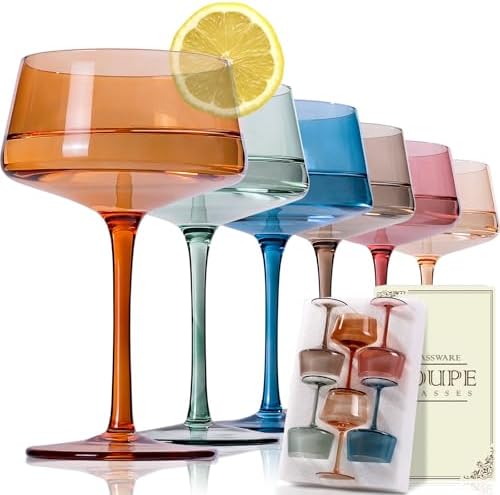 Amazon.com | Saludi Colored Coupe Glasses, 10oz (Set of 6) Stemmed ...