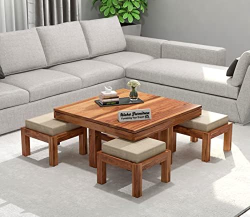 SIGNATURE KRAFT Solid Sheesham Wood Coffee Table with 4 Stool in Simple ...