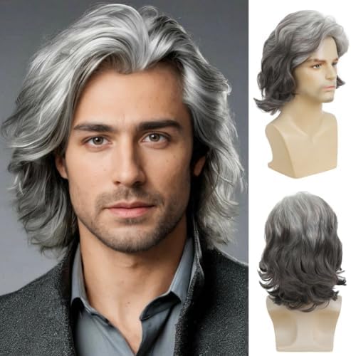 Amazon.com: Siudus Mens Grey Short Wig Layered Middle Part Hair Wigs ...