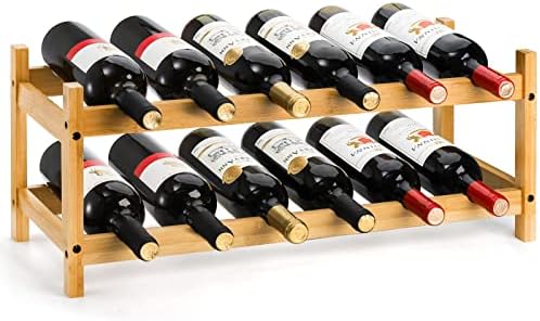 Amazon.com: COSTWAY Wine Rack, Bamboo 12 Bottles 2-Tier Wine Display ...