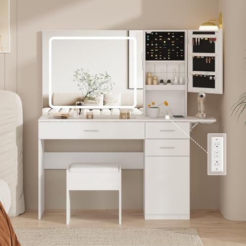 Amazon.com: Vabches White Vanity Desk with Mirror and Lights, Glass Top ...