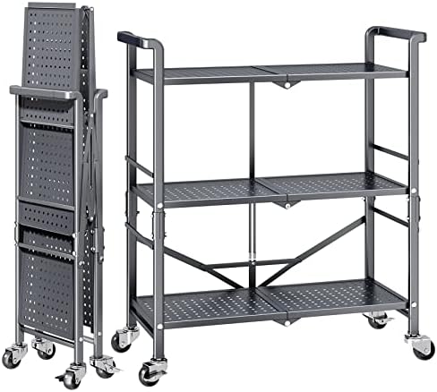 Amazon.com: 3 Tier Rolling Utility Cart - Metal Folding Cart with Wheels, Collapsible Service ...