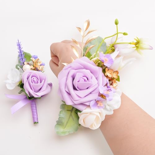 Amazon.com: URROMA Wrist Corsage and Boutonniere Set, 1 Set Small Rose ...