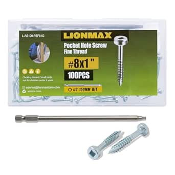LIONMAX Fine Thread Pocket Hole Screws 1 Inch, 100 PCS, #8 x 1 Pocket ...