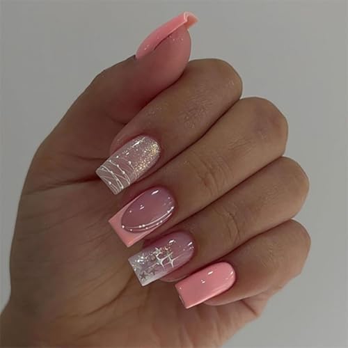 Amazon.com: CTTHNBD Press on Nails Square - Medium Fake Nails with Star ...