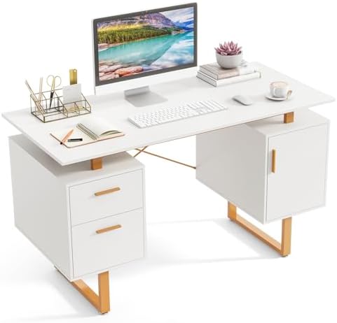 Amazon.com: MaverickFurni 57” Executive Desk with 7 Drawers, White ...