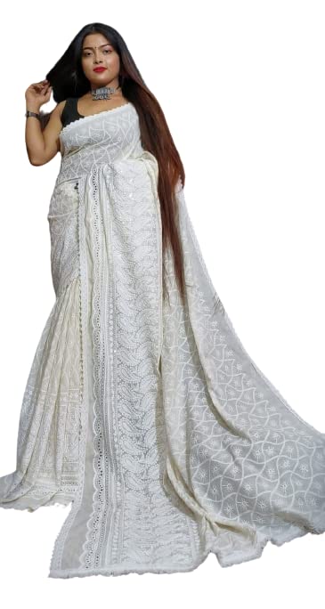 Women's Cotton Lucknow Chicken Kari Saree, White : Amazon.in: Fashion