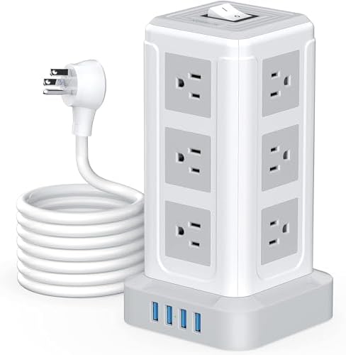 Torre Multicontacto USB, Regleta de Alimentación con 12 Tomas de CA y 4 USB,Cable de Extensión ...