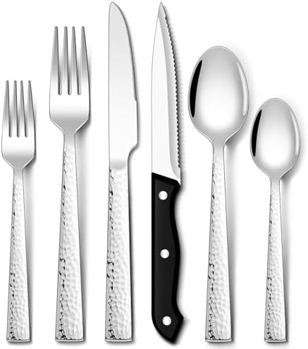 Amazon.com: EUIRIO 48-Piece Hammered Silverware Set with Steak Knives ...