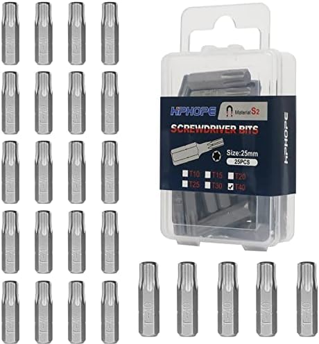 HPHOPE T20 Bits, T20 Torx Bit x 25mm, 1/4" Hex Shank Screwdriver Bits Sets, 25 Bits per Box ...