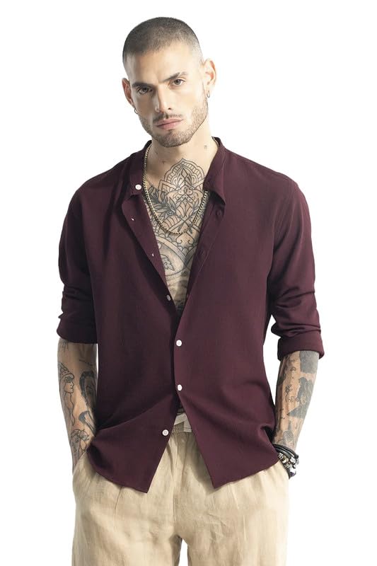 SNITCH Men Casual Shirt | Slim Fit Full Sleeve Mandarin Collar Textured ...