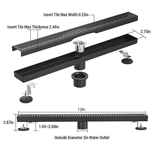 Snapklik.com : EXF Linear Shower Drain 12 Inch Matte Black, Stainless ...
