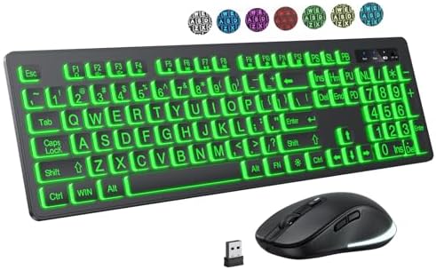 Large Print Wireless Keyboard and Mouse - 7 Colors Backlit Keyboard ...
