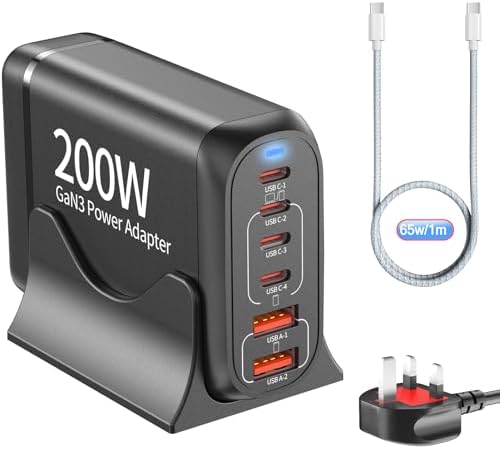 200W USB-C Fast Charger Block:Upgraded GaN III Charger,6 Port USB C Charging Station Hub with PD ...