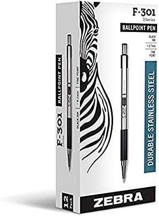 Zebra Pen F-301 Retractable Ballpoint Stainless Steel Pen, Premium Metal Barrel, Medium Point, 1 ...