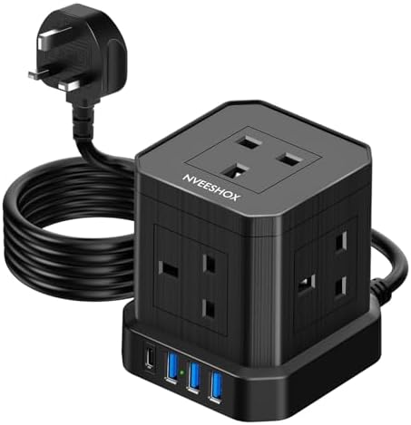 Cube Extension Lead with USB, NVEESHOX 5 Way Multi Plug Extension Cable ...