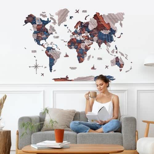 Amazon.com: ENJOY THE WOOD Colored World Map Wood Wall Art With Rivers ...