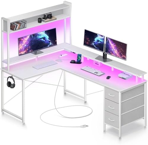 Seventable Computer Desk L Shaped with LED Lights & Power Outlet, 55 ...