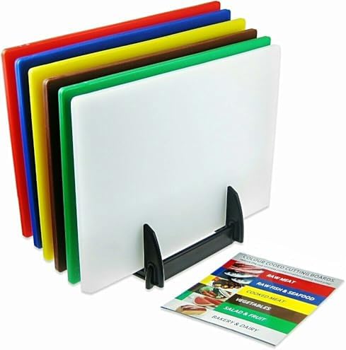 6X Colour Coded Chopping Boards Set with Rack and Wall Chart : Amazon ...