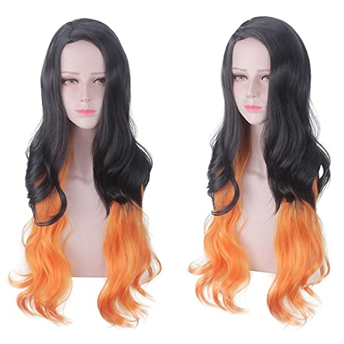 Amazon.com: Wig for Kamado Nezuko cosplay wig 100cm wavy black orange ...