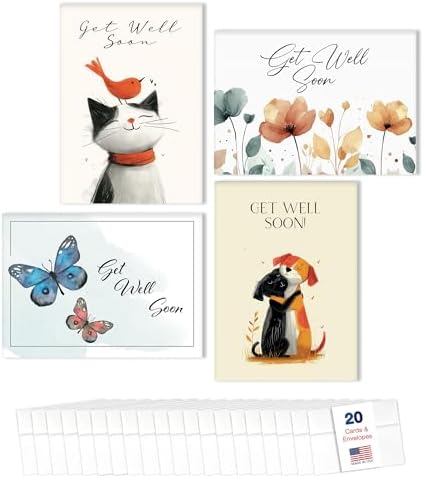 Amazon.com : Get Well Soon Cards Bulk Greeting Card Set 20-Pack ...