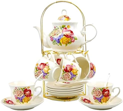 Amazon.com | 20 Pieces Porcelain Tea Set With Metal Holder, European ...