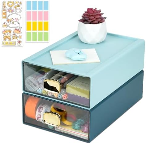 2 PCS Desktop Storage Boxes with 2 Drawers, Stackable Paper Plastic ...