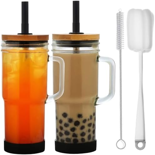 Amazon.com: Glass Cups with Bamboo Lids and Straws,24oz Tumbler With ...