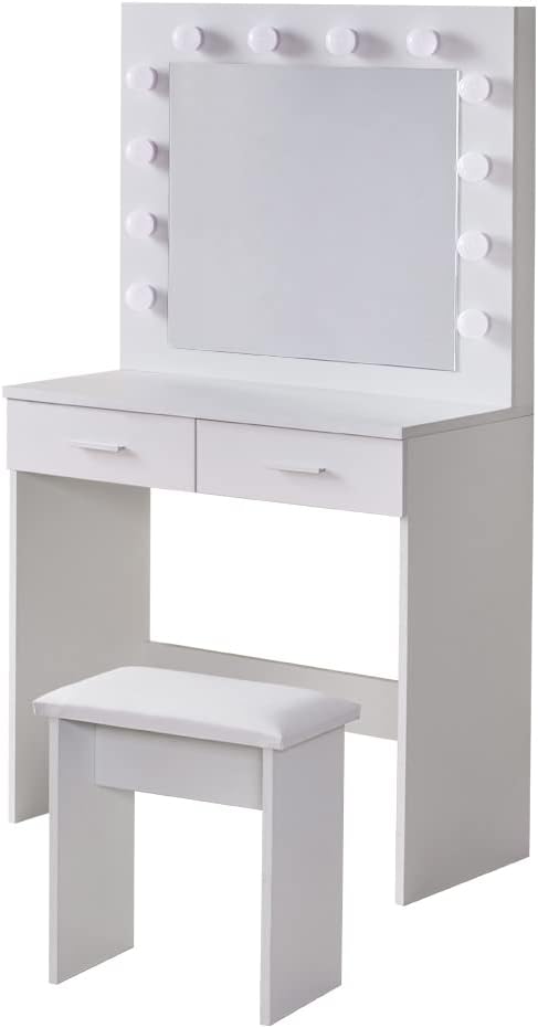 TUKAILAi White Dressing Table Set with Hollywood LED Lights, Mirror, 2 Large Drawers and Stool ...