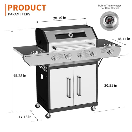 SKOK Led 4-Burner Gas BBQ Grill with Side Burner & Visual Glass ...