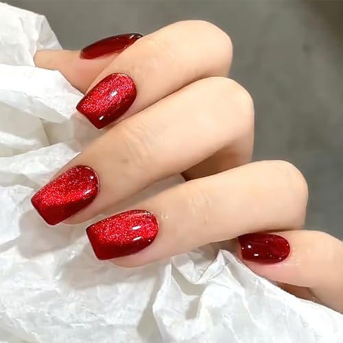 Amazon.com: Red Press on Nails Short Square Fake Nails False Nails with ...