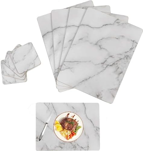 AAMEN Set of 8 Marble Effect Cork Placemats & Coasters, Heat Resistant ...