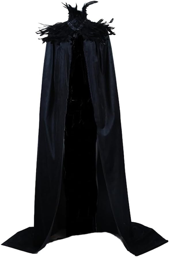 Yoodeet Unisex Gothic Black Witch Velvet Cloak Feather Stand Collar ...