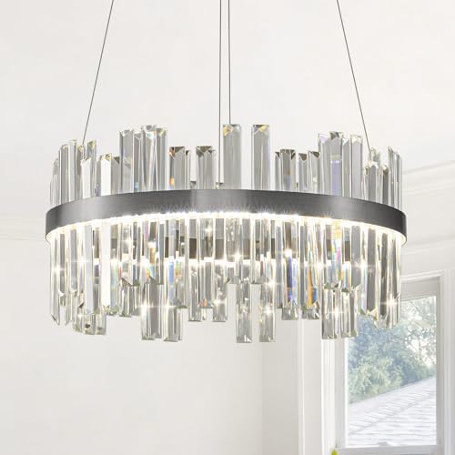 Nickel Led Modern Crystal Chandelier: 19.7" Round Contemporary 3 Color ...