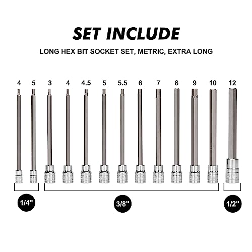 CASOMAN 13 Pieces Long Hex Bit Socket Set,1/4″,3/8″&1/2″Dr, 3mm to 12mm ...