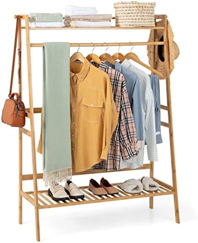 Amazon.com: Tangkula Bamboo Clothing Rack with Storage Shelves ...