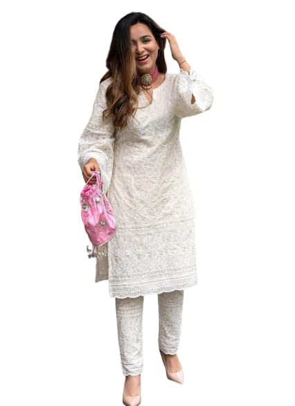 Buy Tiwari's Creationz Women's Cotton Chicken Work Kurti Pant Set (X-Large) White at Amazon.in