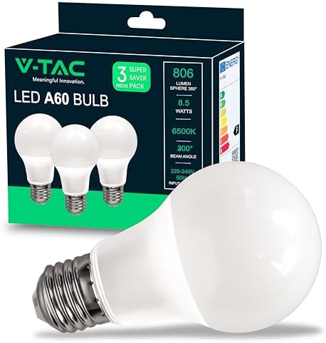 V-TAC Pack of 3 E27 LED Bulbs 8.5 W (60 W Equivalent) A60-806 Lumen ...