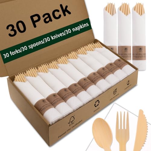 Amazon.com: Bamboo Compostable Cutlery Set 30 Pack - Biodegradable ...