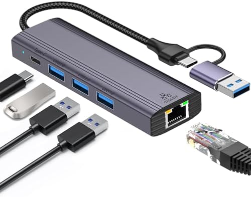 5-in-2 USB C to Ethernet Adapter 1000Mbps with 3*USB 3.0 & 1*USB C, USB ...