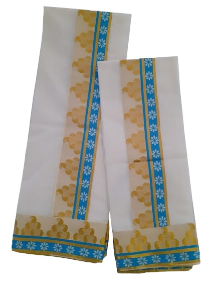 Buy Atex Women's Set Mundu with Fancy triple Mango Blue Lace Border and ...