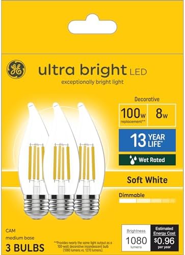 GE Ultra Bright LED Light Bulbs, 100W, Soft White Candle Lights, Clear ...